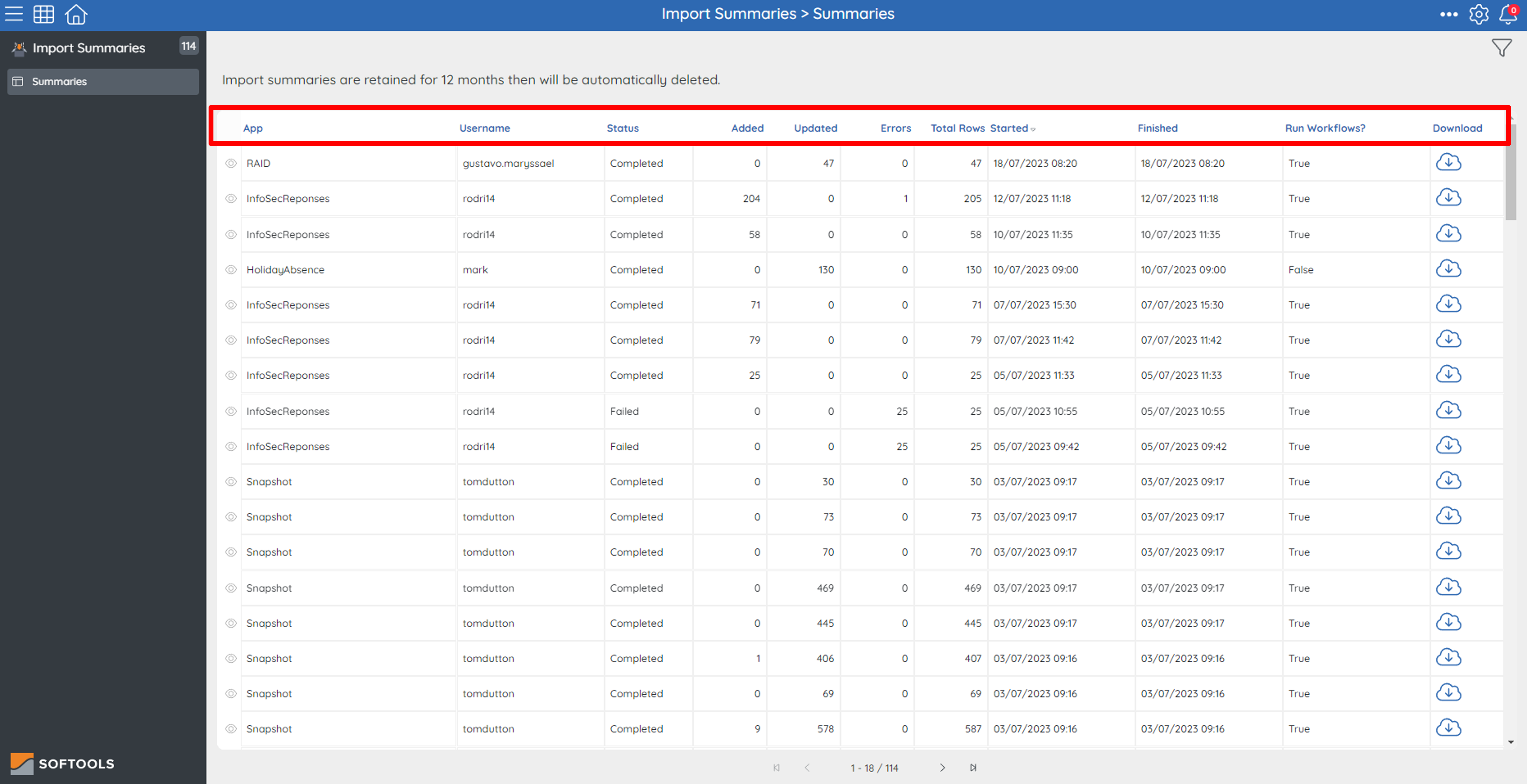 Import Summaries – Softools